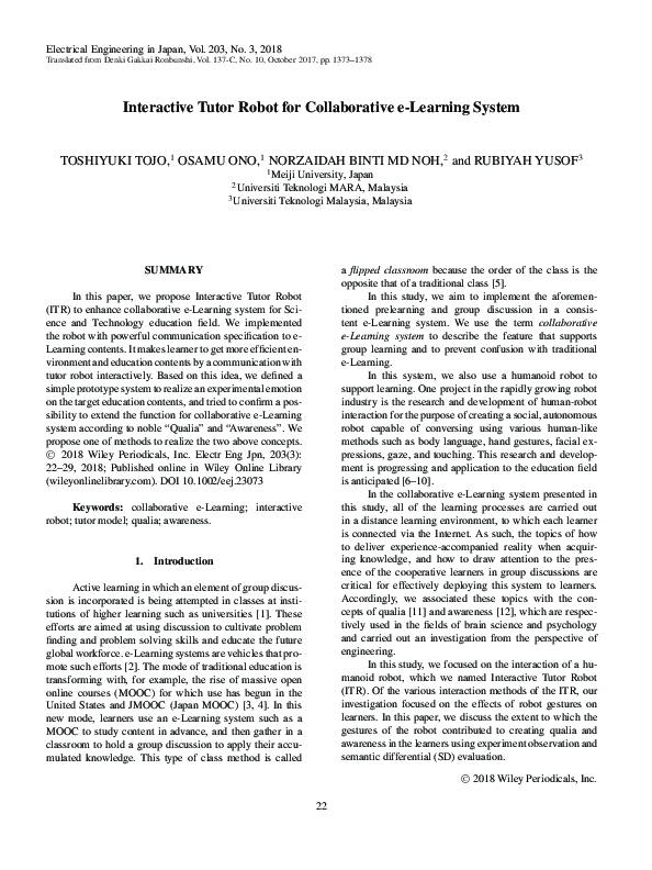 (PDF) Interactive Tutor Robot for Collaborative e-Learning System ...