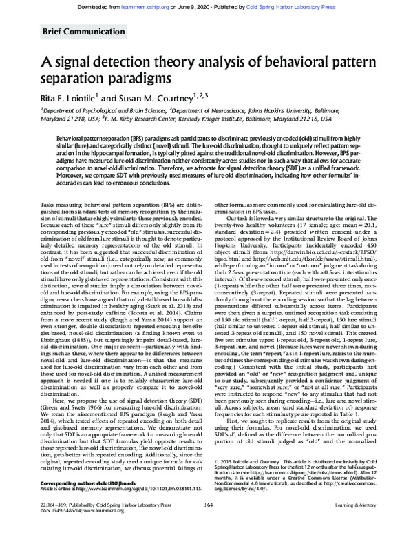 (PDF) A signal detection theory analysis of behavioral pattern ...