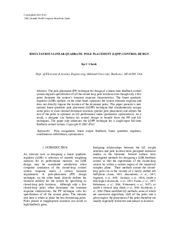 Pdf Optimal Lqpp Control Design For Linear Systems