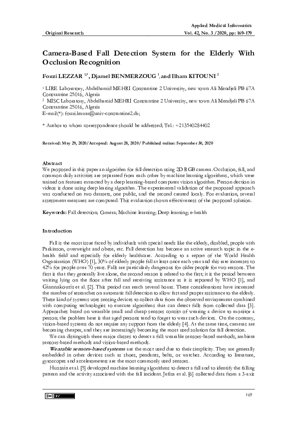 Pdf Camera Based Fall Detection System For The Elderly With Occlusion Recognition Fouzi