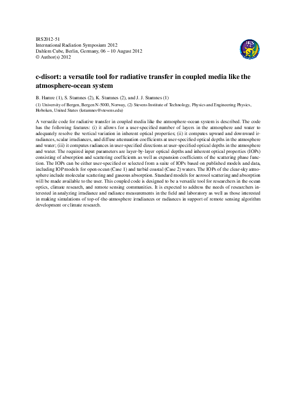 (PDF) C-disort: A versatile tool for radiative transfer in coupled ...