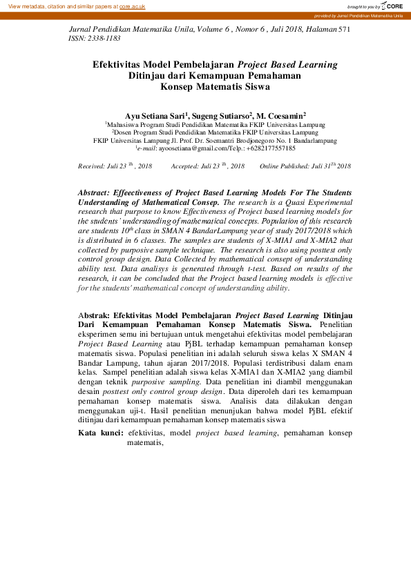 (PDF) Efektivitas Model Pembelajaran Project Based Learning Ditinjau dari Kemampuan Pemahaman ...