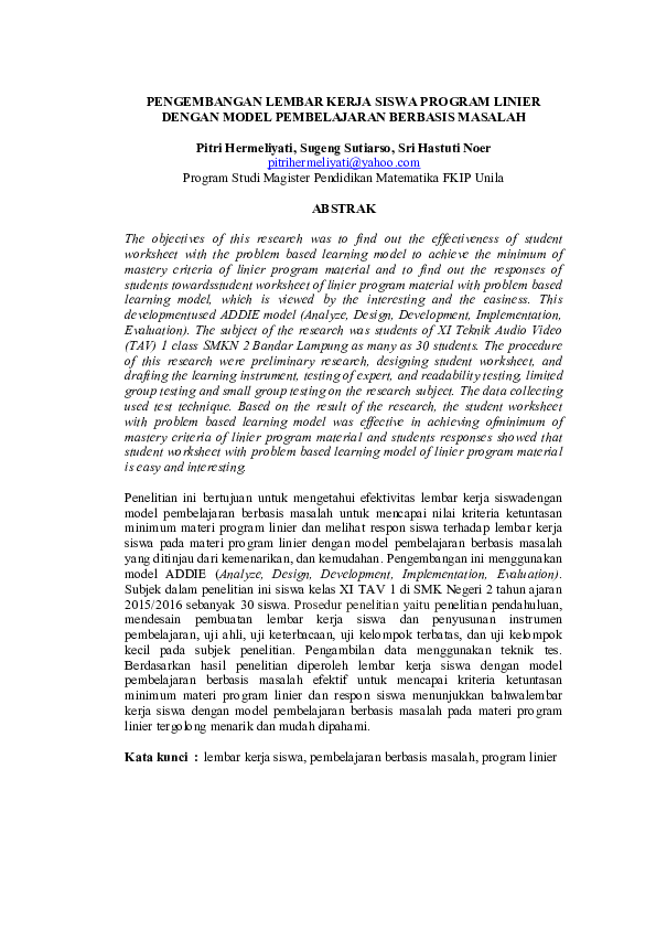 (PDF) Pengembangan Lembar Kerja Siswa Program Linier Dengan Model Pembelajaran Berbasis Masalah