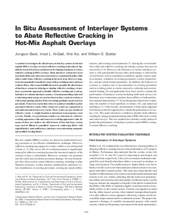 (PDF) In Situ Assessment of Interlayer Systems to Abate Reflective ...