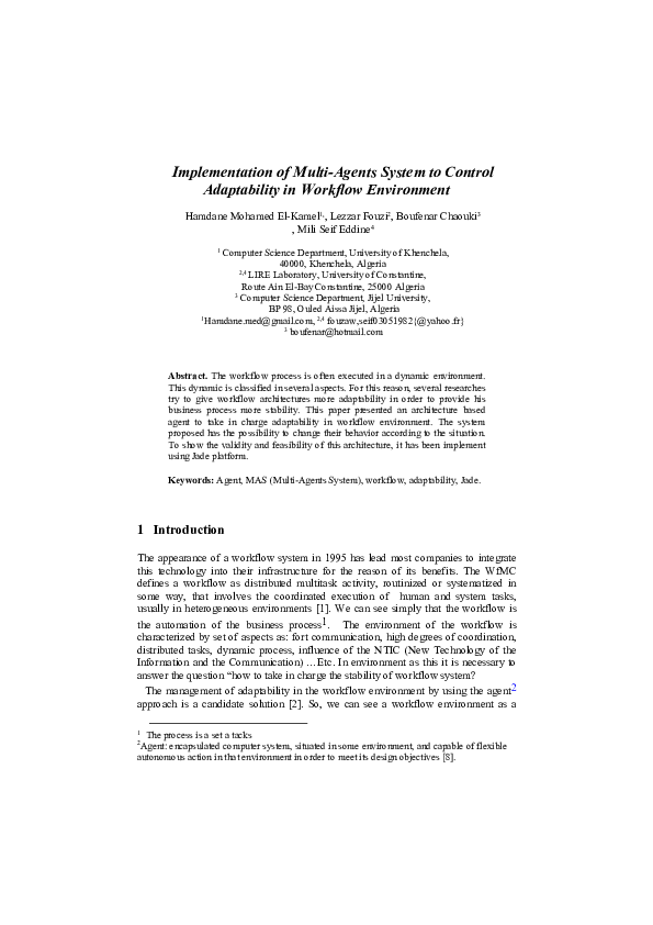 (PDF) Implementation of Multi-Agents System to Control Adaptability in Workflow Environment