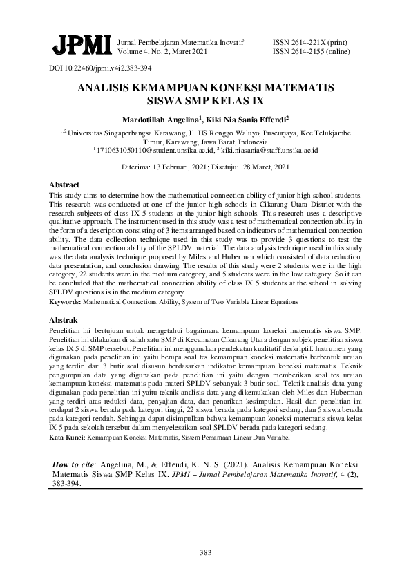 (PDF) Analisis Kemampuan Koneksi Matematis Siswa SMP Kelas IX