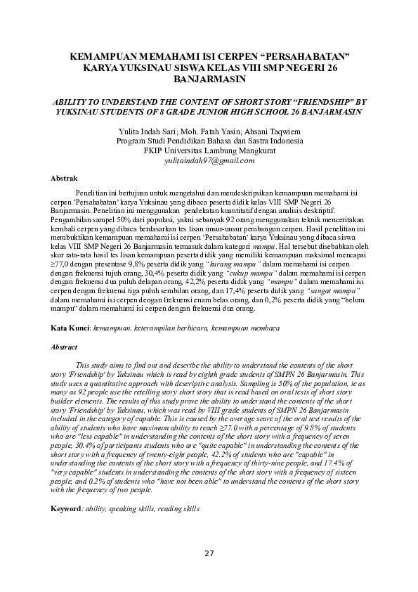 (PDF) Kemampuan Memahami Isi Cerpen "Persahabatan" Karya Yuksinau Siswa ...