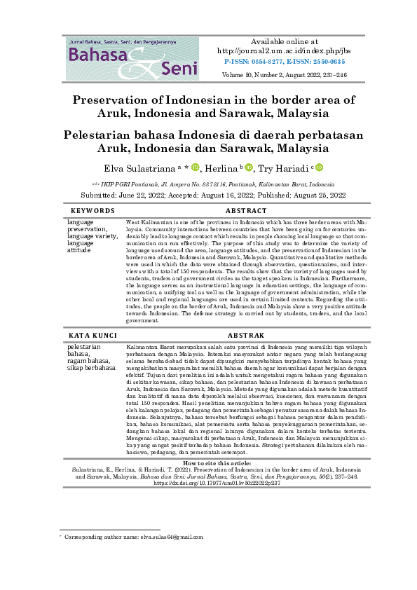 (PDF) Preservation of Indonesian in the border area of Aruk, Indonesia ...