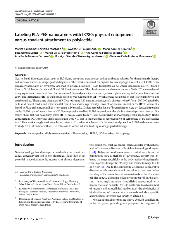 (PDF) Labeling PLA-PEG nanocarriers with IR780: physical entrapment ...