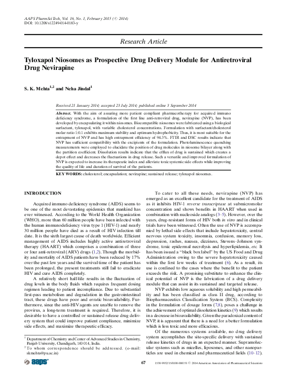 (PDF) Tyloxapol Niosomes as Prospective Drug Delivery Module for ...