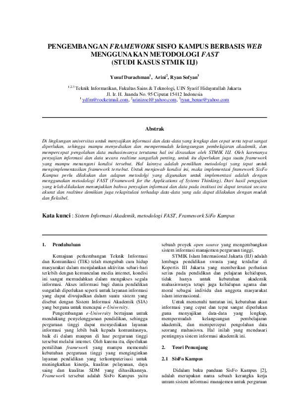 (PDF) Pengembangan Framework Sisfo Kampus Berbasis Web Menggunakan Metodologi Fast (Studi Kasus ...