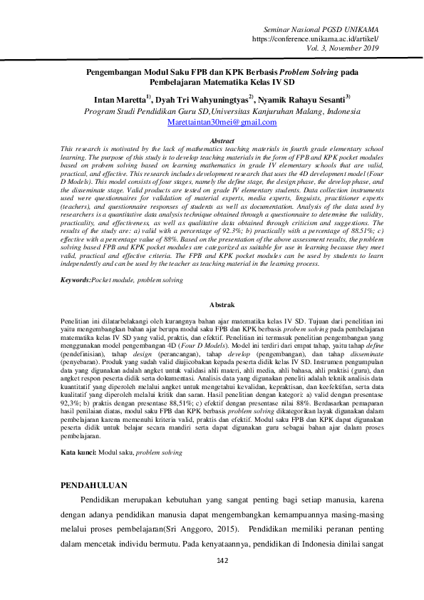 (PDF) Pengembangan Modul Saku FPB dan KPK Berbasis Problem Solving pada Pembelajaran Matematika ...