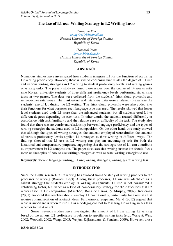 (PDF) The Use of L1 as a Writing Strategy in L2 Writing Tasks