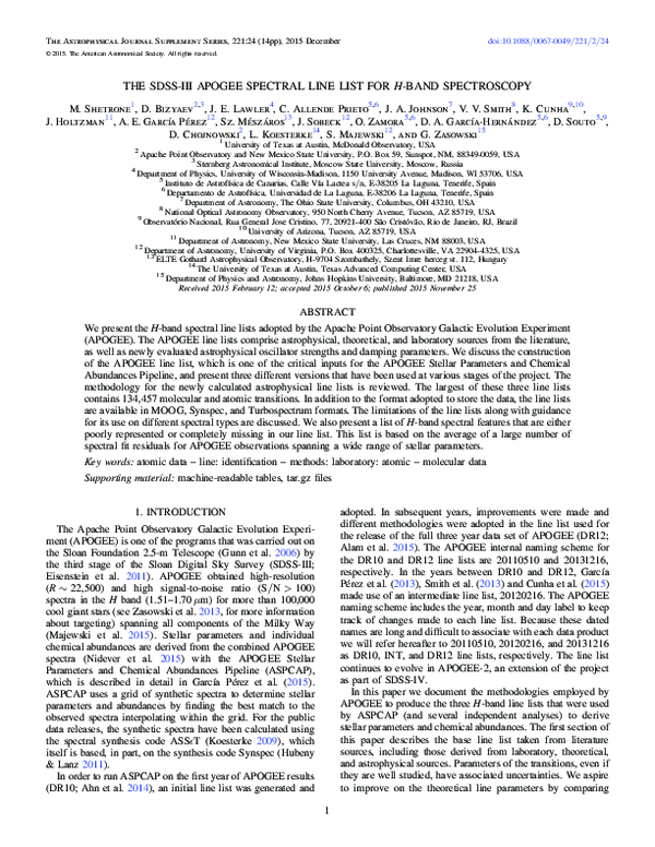(PDF) The SDSS-III Apogee Spectral Line List for H -Band Spectroscopy
