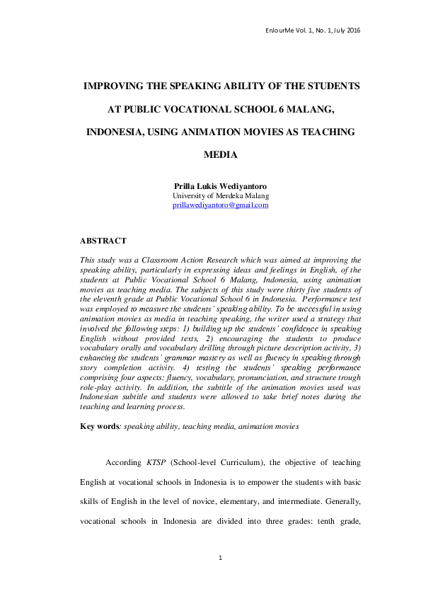 (PDF) Improving the Speaking Ability of the Students at Public Vocational School 6 Malang ...