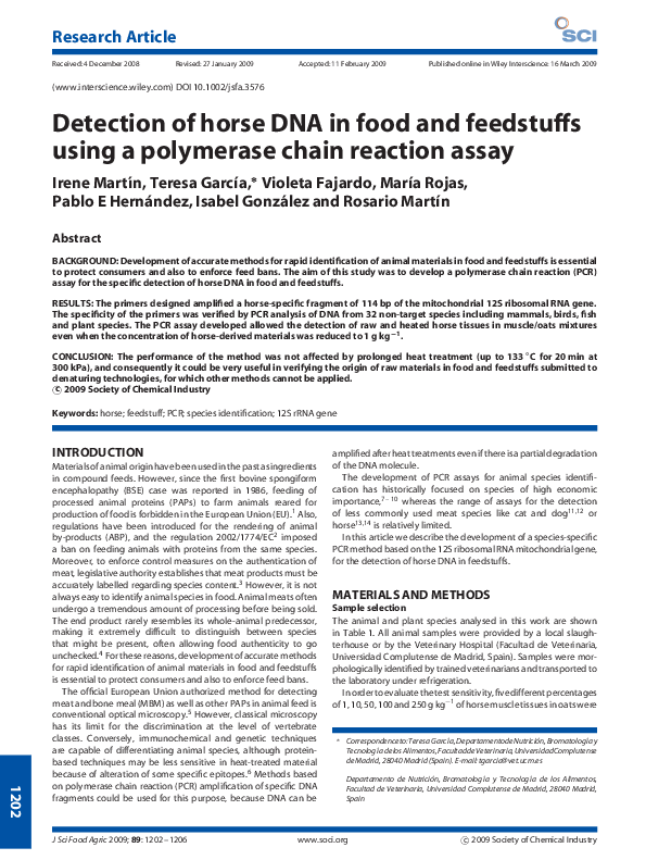 (PDF) Detection of horse DNA in food and feedstuffs using a polymerase ...