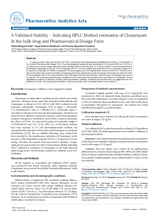 (PDF) A Validated Stability–Indicating HPLC Method estimation of Clonazepam In the bulk drug and ...