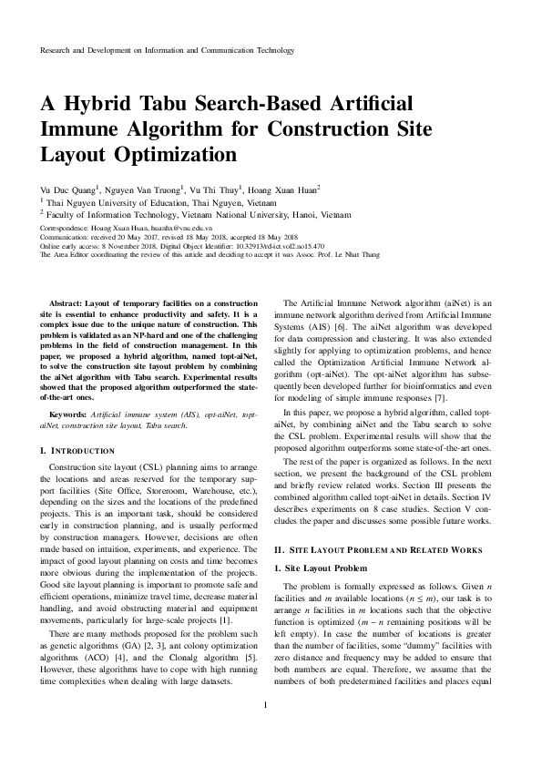 Pdf A Hybrid Tabu Search Based Artificial Immune Algorithm For Construction Site Layout