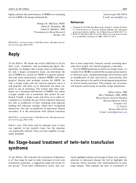 (PDF) Re: Stage-based treatment of twin-twin transfusion syndrome ...