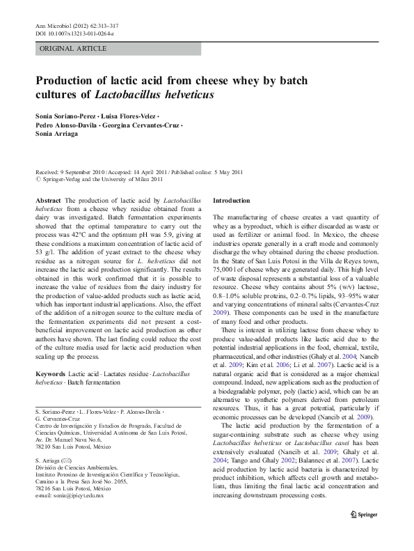 Pdf Production Of Lactic Acid From Cheese Whey By Batch Cultures Of