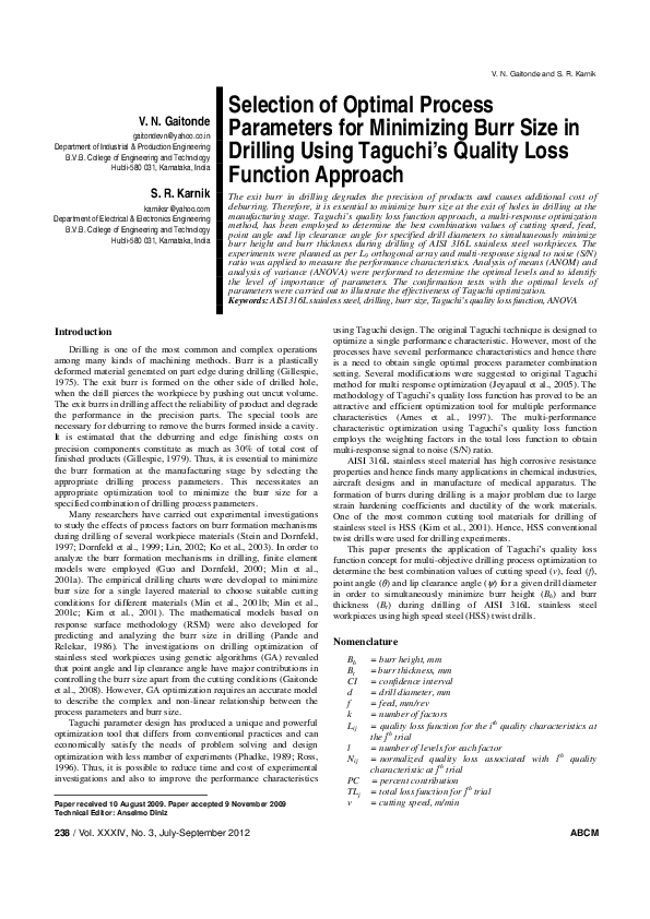 Pdf Selection Of Optimal Process Parameters For Minimizing Burr Size In Drilling Using Taguchi