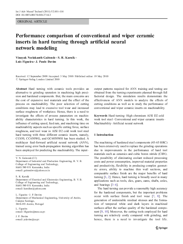 (PDF) Performance comparison of conventional and wiper ceramic inserts in hard turning through ...