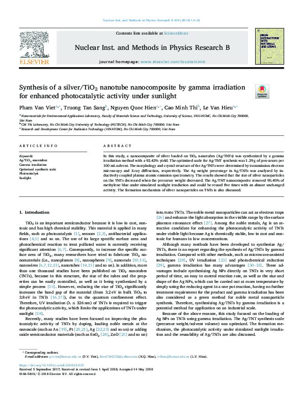 Pdf Synthesis Of A Silver Tio2 Nanotube Nanocomposite By Gamma Irradiation For Enhanced
