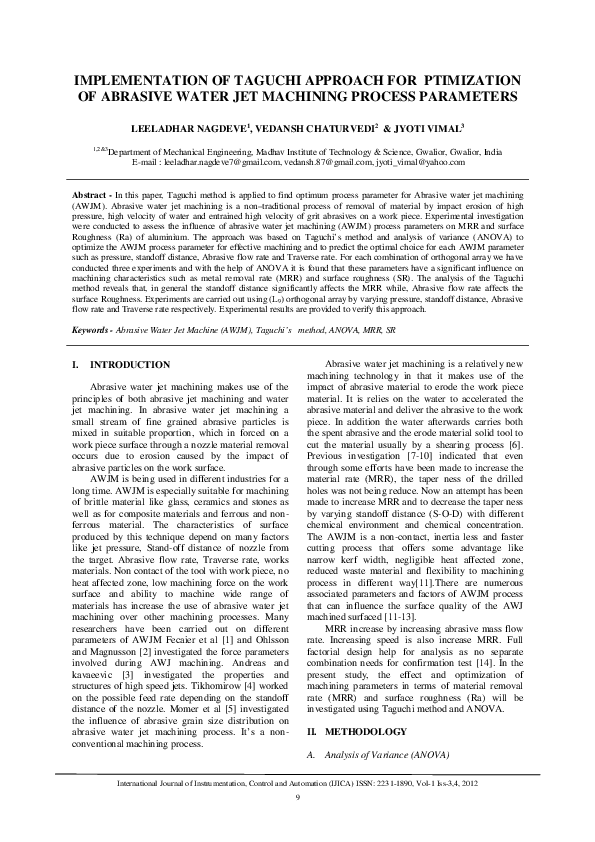 Pdf Implementation Of Taguchi Approach For Ptimization Of Abrasive Water Jet Machining Process