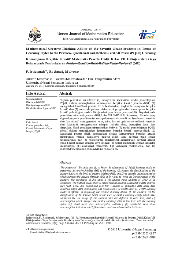 (PDF) Mathematical Creative Thinking Ability of the Seventh Grade ...
