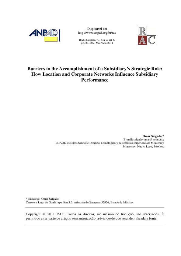 (PDF) Barriers to the accomplishment of a subsidiary's strategic role: how location and ...