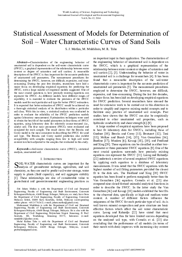 (PDF) Statistical Assessment Of Models For Determination Of Soil ...