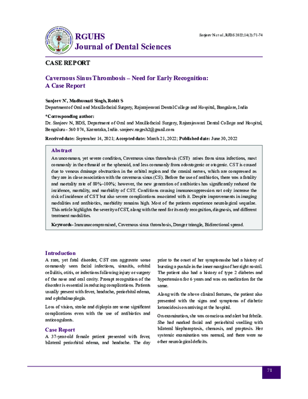 (PDF) Cavernous sinus thrombosis -a case report