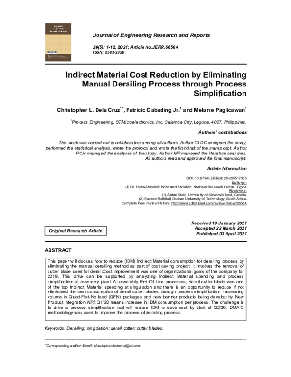 (PDF) Indirect Material Cost Reduction by Eliminating Manual Derailing ...