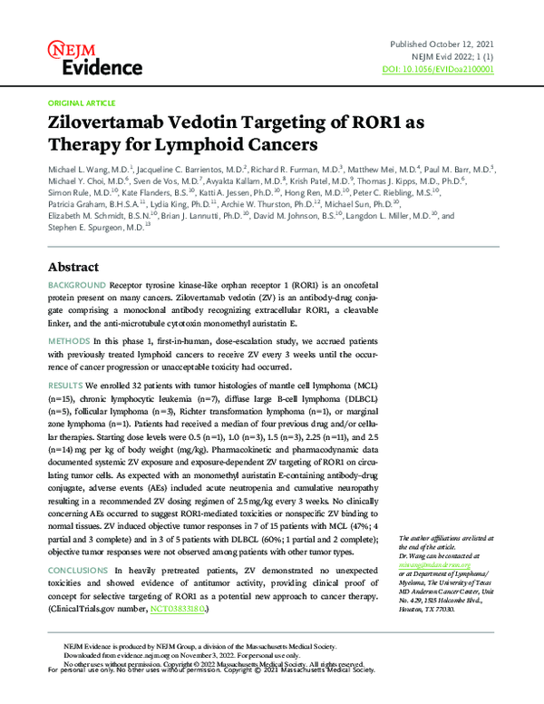 (PDF) Zilovertamab Vedotin Targeting of ROR1 as Therapy for Lymphoid ...