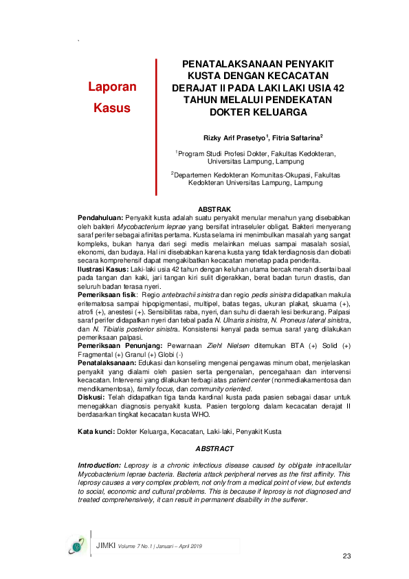 (PDF) Penatalaksanaan Penyakit Kusta Dengan Kecacatan Derajat II Pada ...