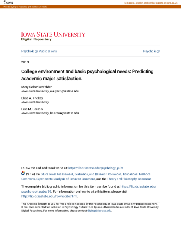 (PDF) College environment and basic psychological needs: Predicting academic major satisfaction