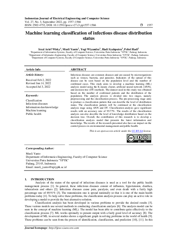 (PDF) Machine learning classification of infectious disease distribution status