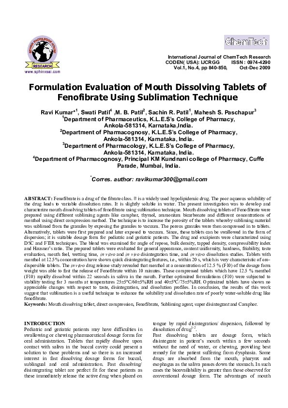 Pdf Formulation Evaluation Of Mouth Dissolving Tablets Of Fenofibrate Using Sublimation Technique