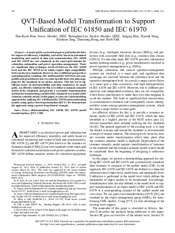 (PDF) QVT-Based Model Transformation to Support Unification of IEC 61850 and IEC 61970