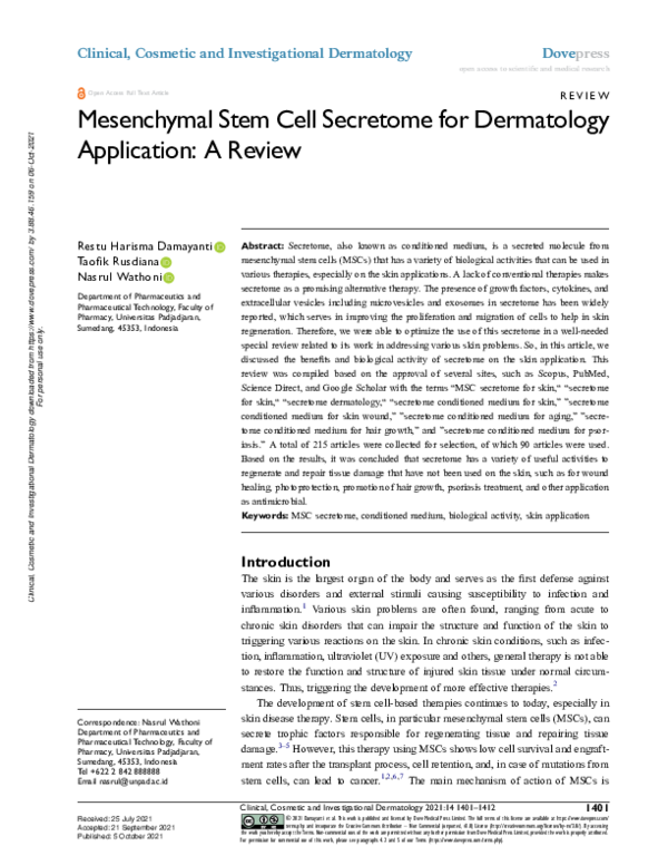 (PDF) Mesenchymal Stem Cell Secretome for Dermatology Application: A Review