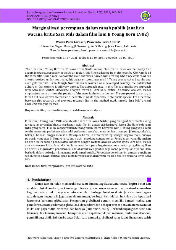 (PDF) Marginalisasi perempuan dalam ranah publik (analisis wacana kritis Sara Mils dalam film ...