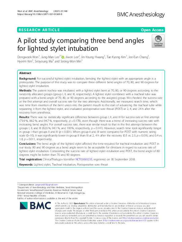 (PDF) A pilot study comparing three bend angles for lighted stylet ... (PDF) A pilot study comparing three bend angles for lighted stylet ...