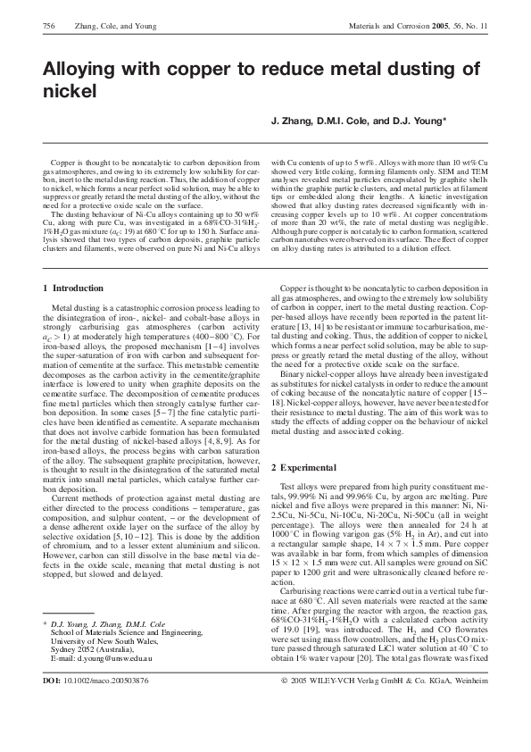 (PDF) Alloying with copper to reduce metal dusting of nickel