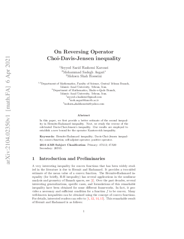 (PDF) On Reversing Operator Choi–Davis–Jensen Inequality | mohsen shah ...