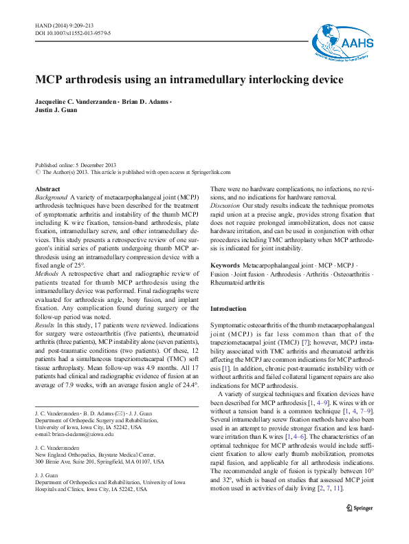 (PDF) MCP arthrodesis using an intramedullary interlocking device