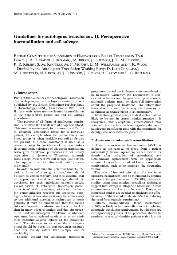 (PDF) Guidelines for autologous transfusion. II. Perioperative ...