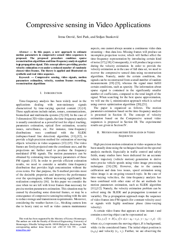 Pdf Compressive Sensing In Video Applications