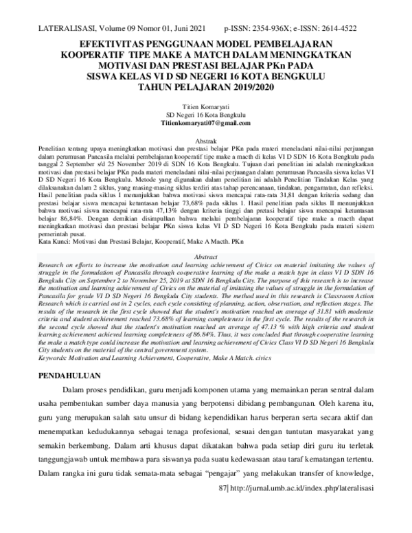 (PDF) EFEKTIVITAS PENGGUNAAN MODEL PEMBELAJARAN KOOPERATIF TIPE MAKE A MATCH DALAM MENINGKATKAN ...