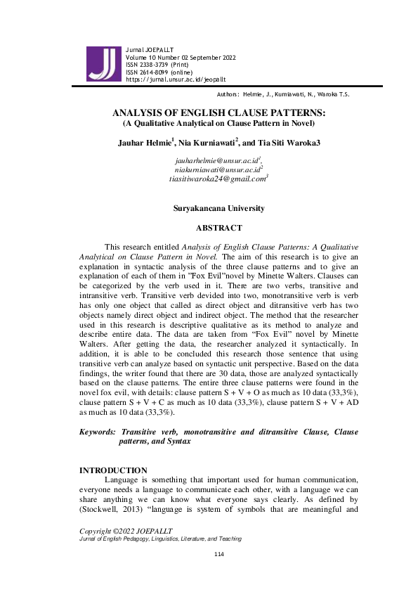 (PDF) ANALYSIS OF ENGLISH CLAUSE PATTERNS: (A Qualitative Analytical on Clause Pattern in Novel)
