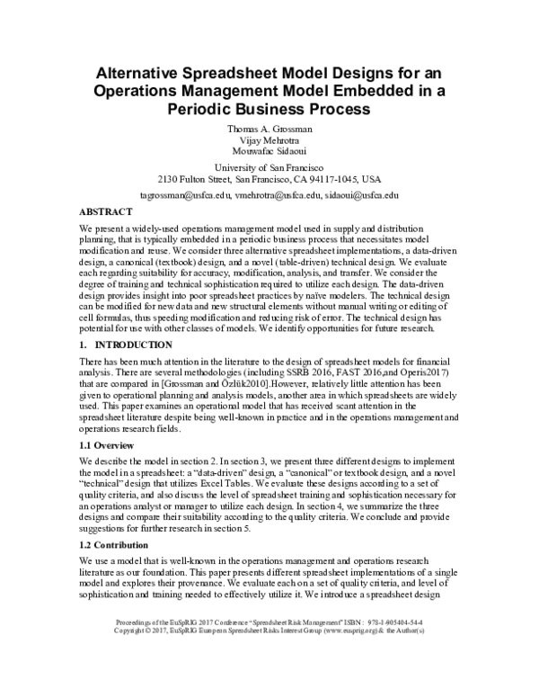 (PDF) Alternative Spreadsheet Model Designs for an Operations Management Model Embedded in a ...
